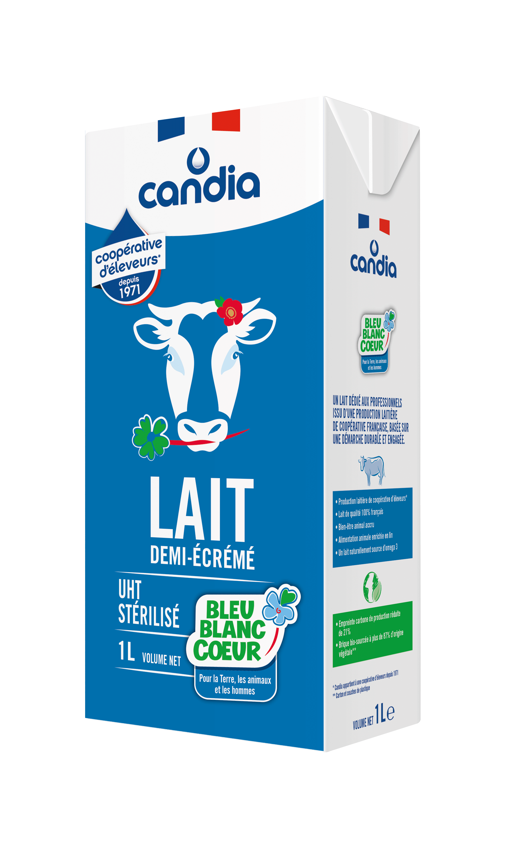Lait demi-écrémé UHT Bleu-Blanc-Coeur - brique 1L - Candia - Sodiaal ...